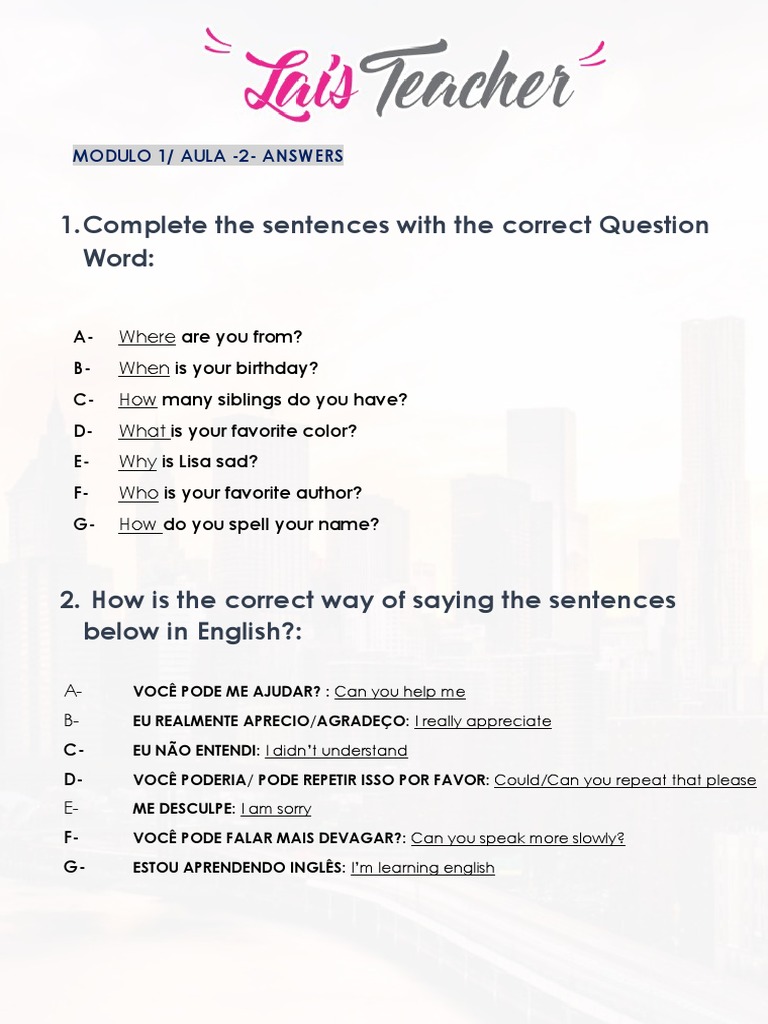 Complete The Sentences With The Correct Question Word:: Modulo 1/ Aula ...