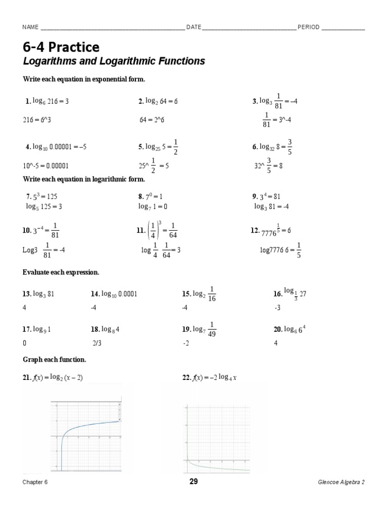 6-4 Practice: Logarithms and Logarithmic Functions | Download Free PDF ...