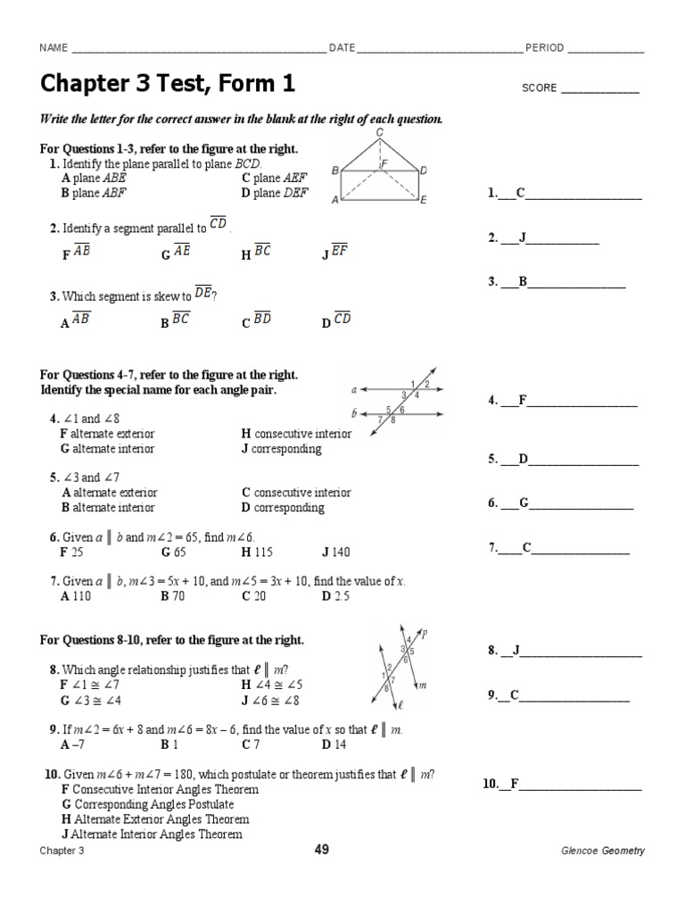 Chapter 3 Test, Form 1: Write The Letter For The Correct Answer in The ...