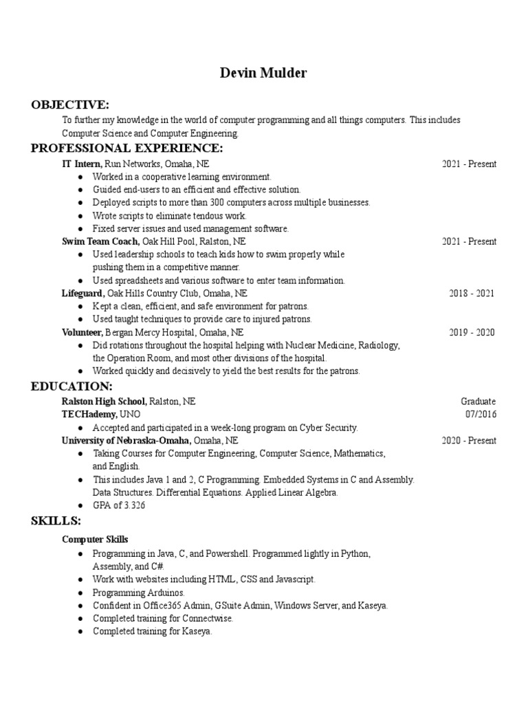 Devin Mulder: Objective: Professional Experience | PDF | Computer Science | Computing