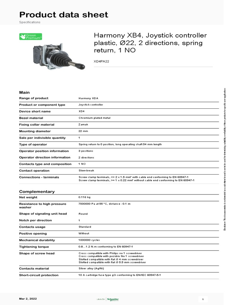 Product Data Sheet: Harmony XB4, Joystick Controller Plastic, Ø22, 2 ...