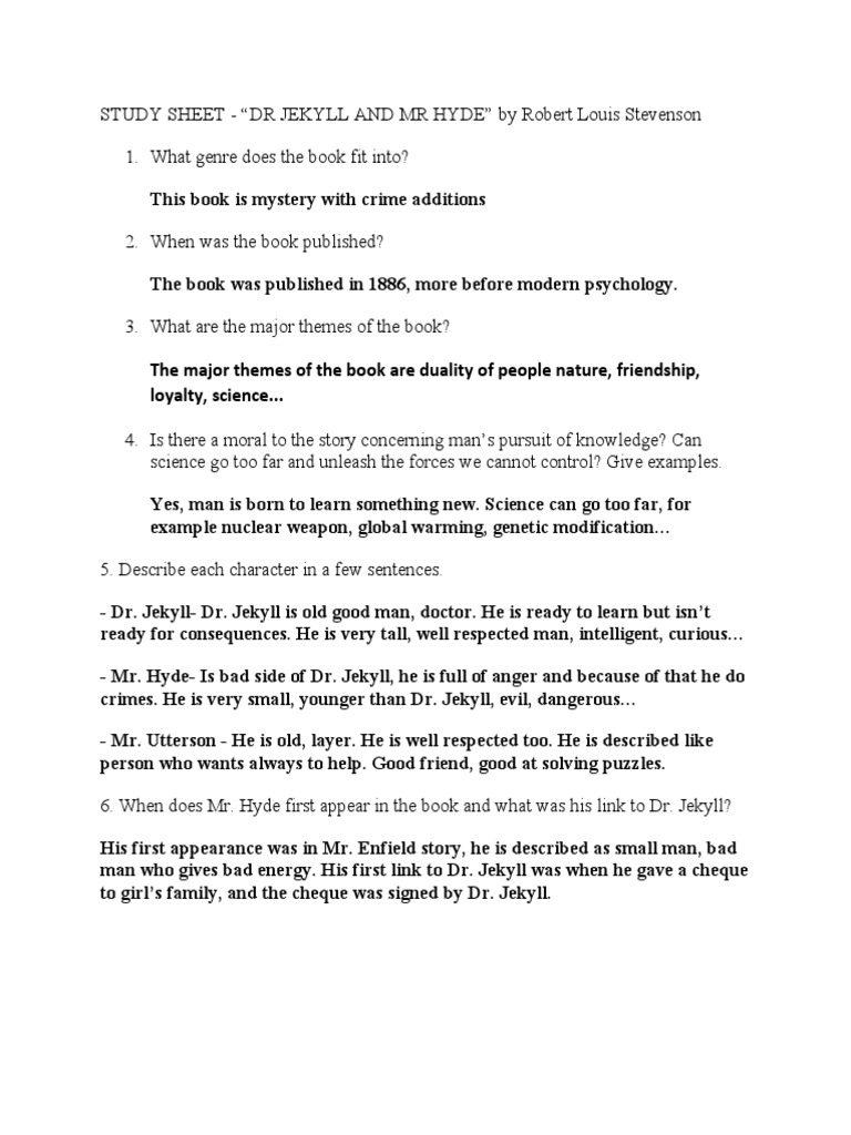 Study Sheet | PDF | Dr. Jekyll And Mr. Hyde (Character) | Strange Case ...