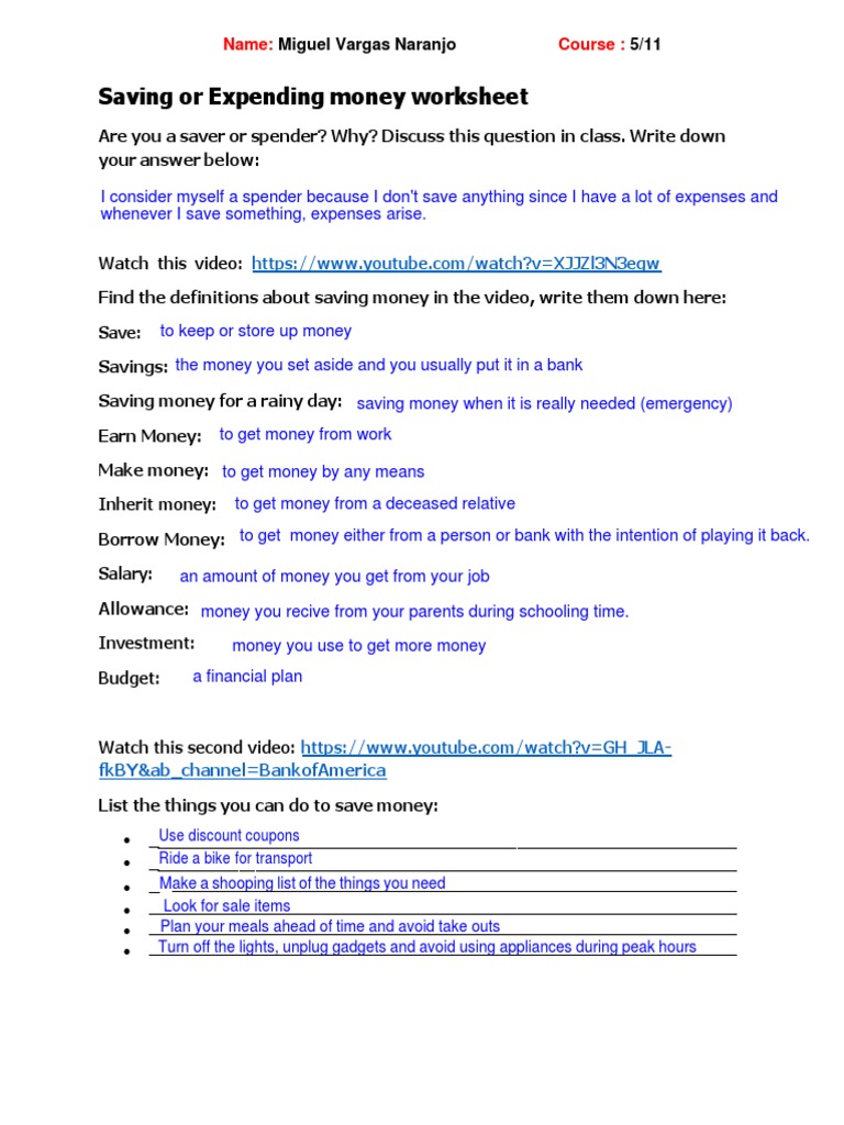 Saving Money Worksheet | PDF | Money | Banks