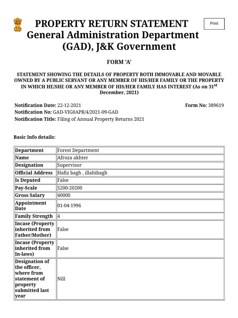 Property Return Statement General Administration Department (GAD), J&K ...