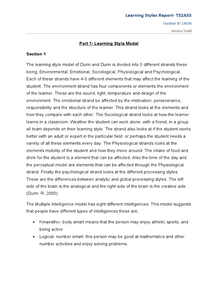 Part 1-Learning Style Model Section 1: Learning Styles Report - TS2AS5 ...