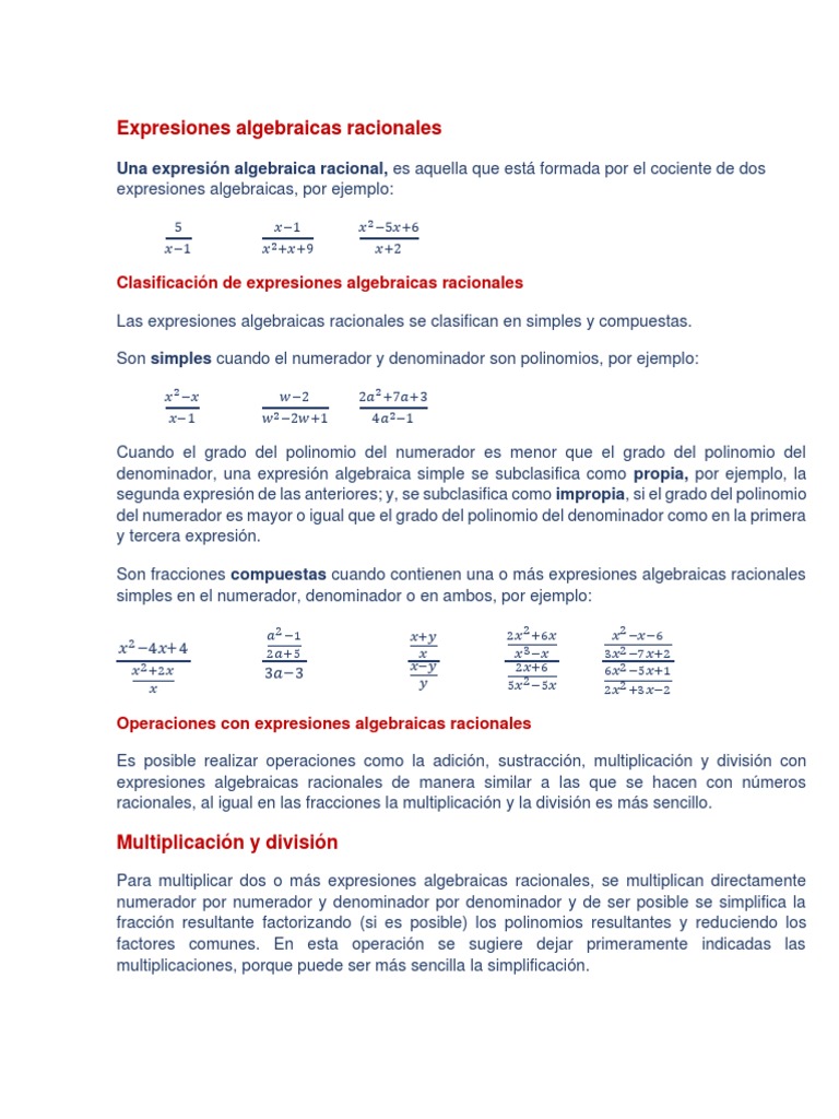 Expresiones Algebraicas Racionales | PDF | Número racional | Notación Matemática