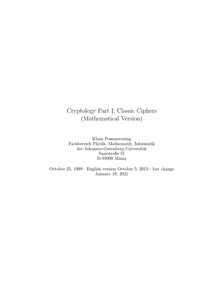 Cryptology Part I: Classic Ciphers (Mathematical Version) | PDF | Cryptanalysis | Cryptography