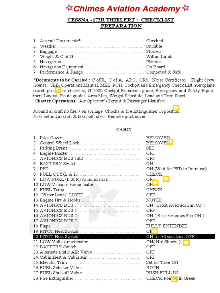 Pre-Flight Checklist for a Cessna 172R Thielert Aircraft Conducting a ...
