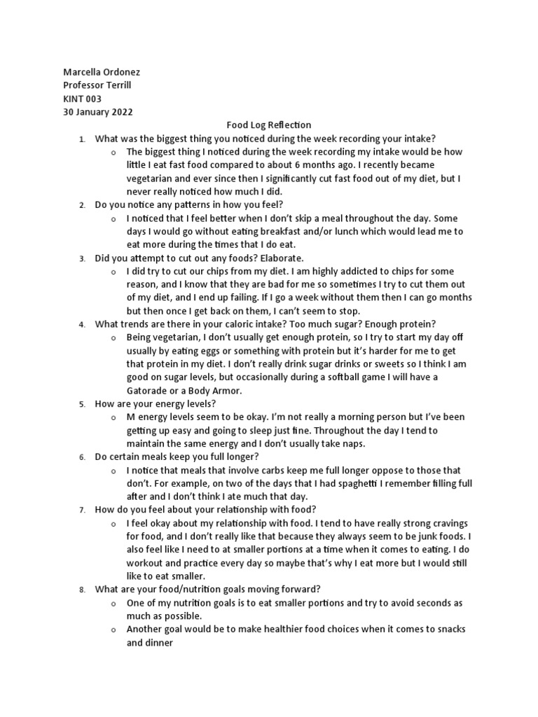 Food Log Reflection | PDF | Diet & Nutrition | Diet (Nutrition)