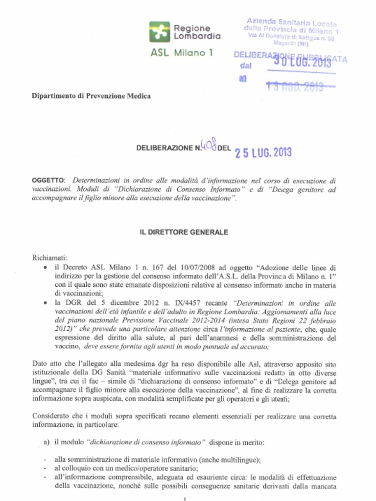Moduli Di "Dichiarazione Di Consenso Informato" e Di "Delega Genitore ...
