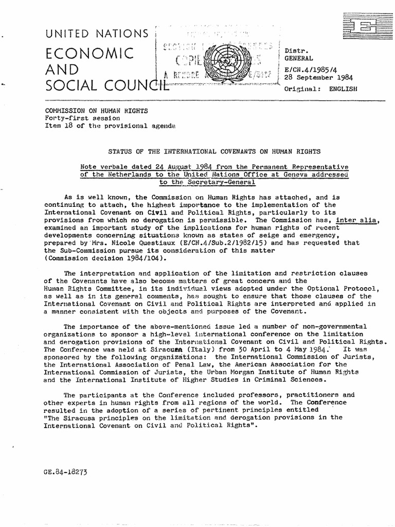 Siracusa Principles | PDF | State Of Emergency | Human Rights