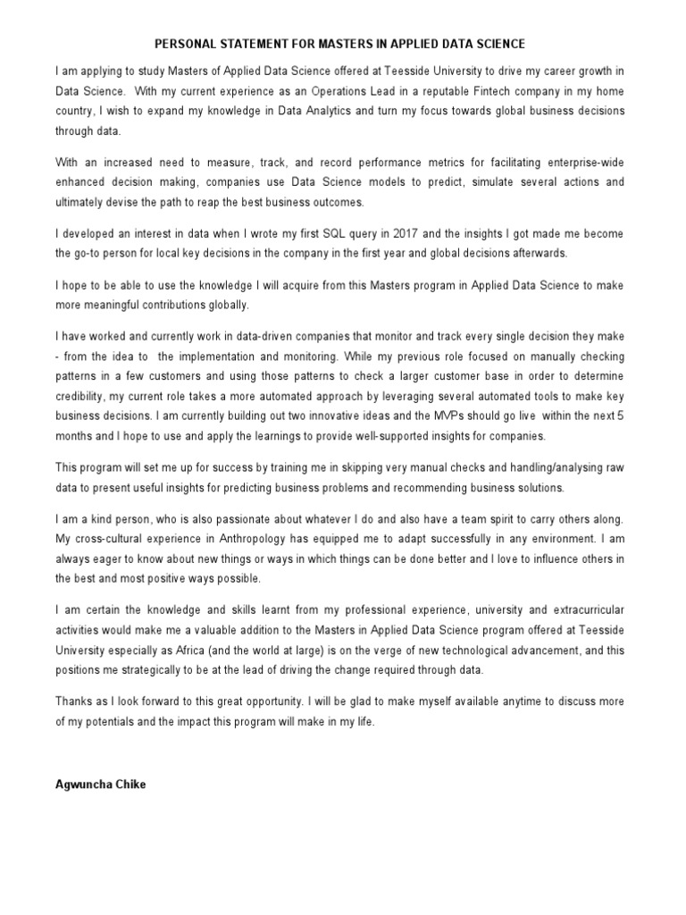 Personal Statement for Data Science MSc | PDF | Data Science | Analytics