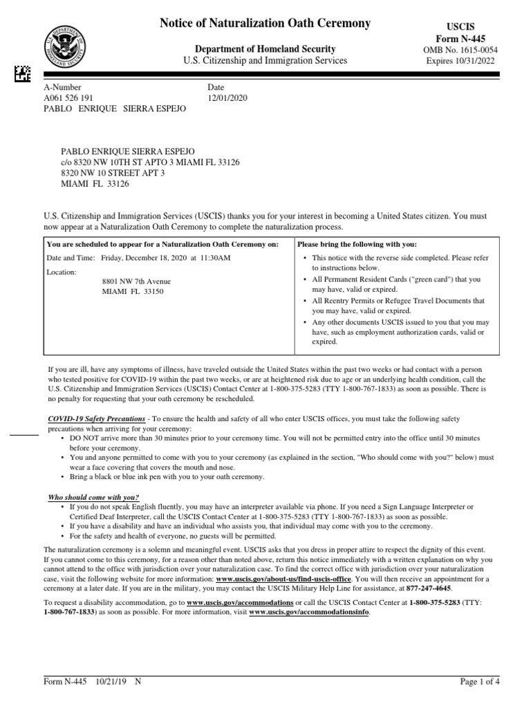 Notice of Naturalization Oath Ceremony: U.S. Citizenship and ...