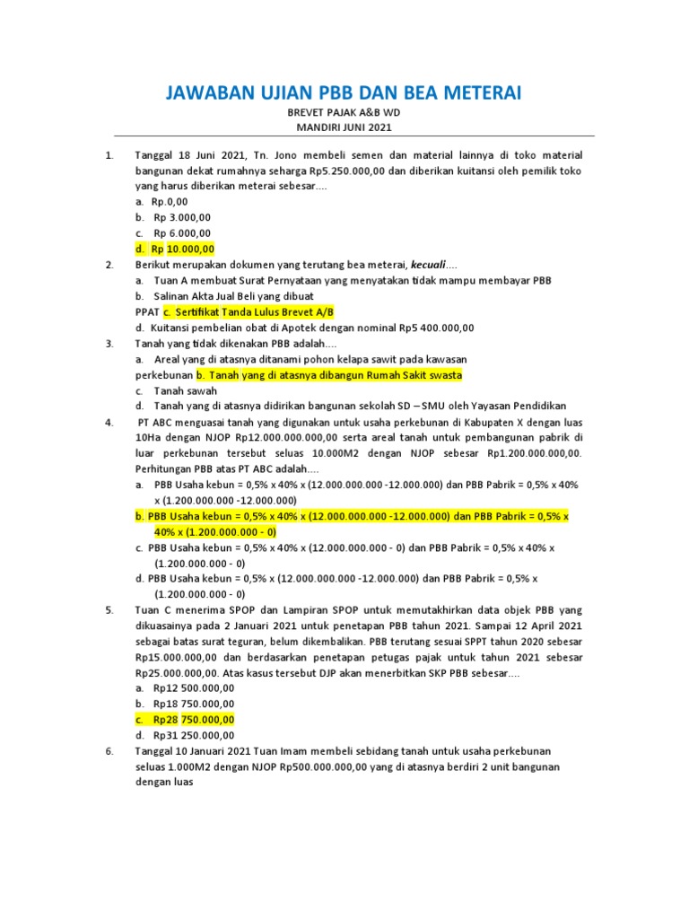 Jawaban Ujian PBB Dan Bea Meterai | PDF