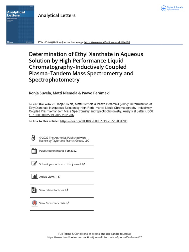 Determination of Ethyl Xanthate in Aqueous Solution by High Performance ...