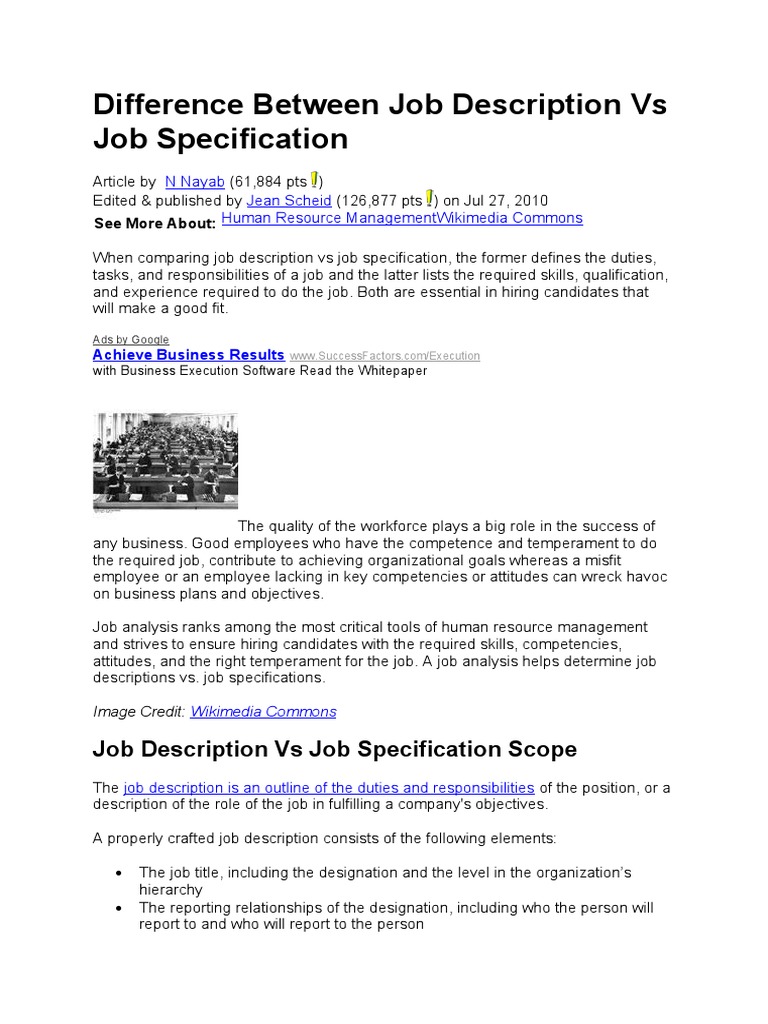 Difference Between Job Description Vs Job Specification