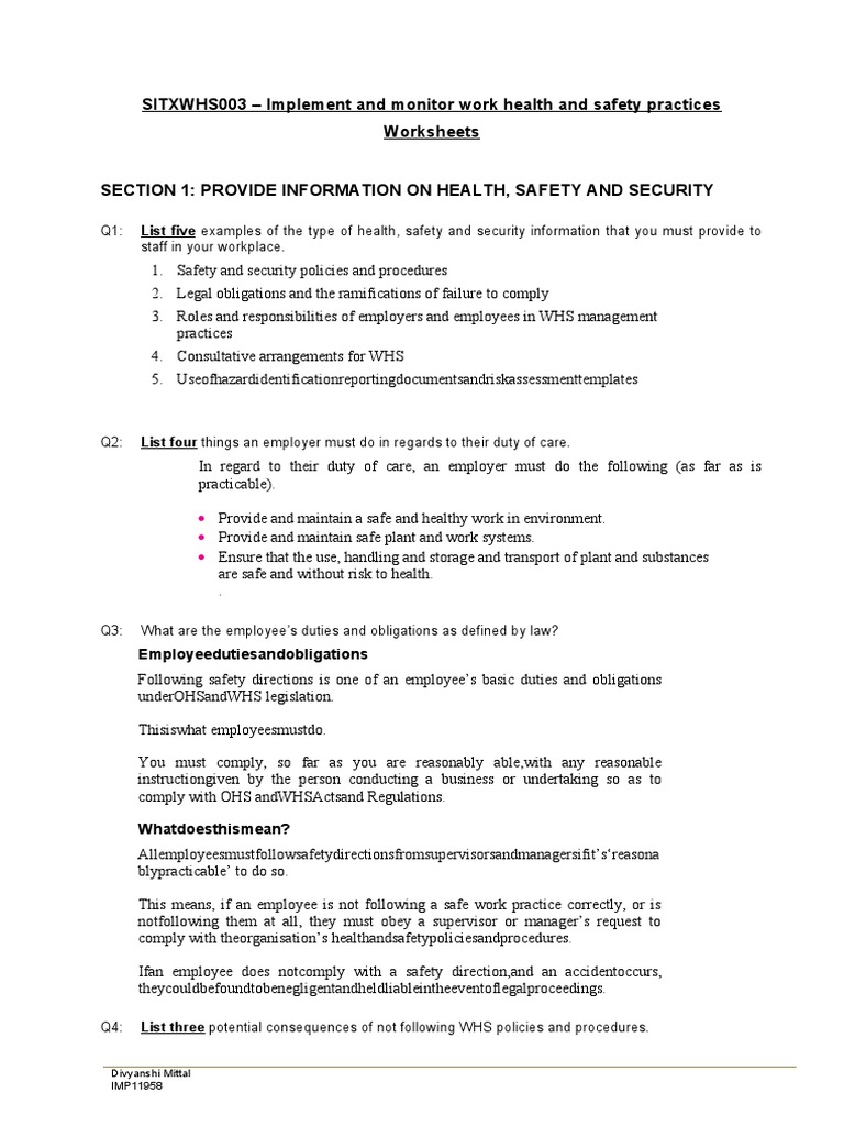 A1 SITXWHS003 Worksheets | Descargar gratis PDF | Occupational Safety ...