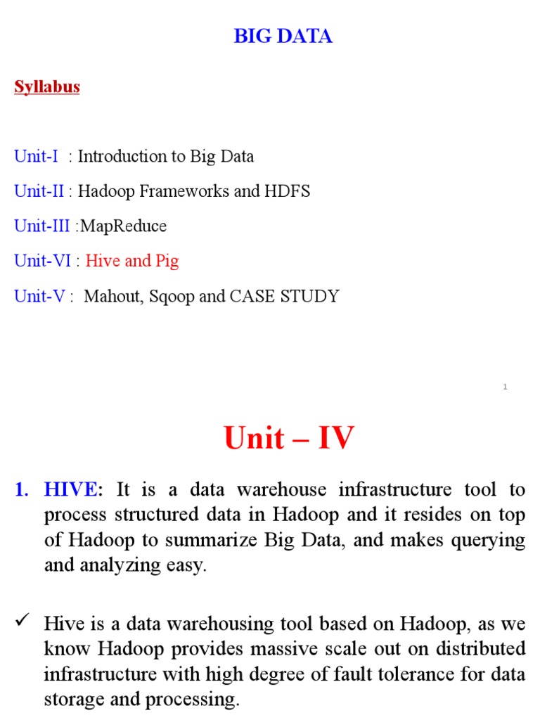 BD - Unit - IV - Hive and Pig | PDF | Apache Hadoop | Databases