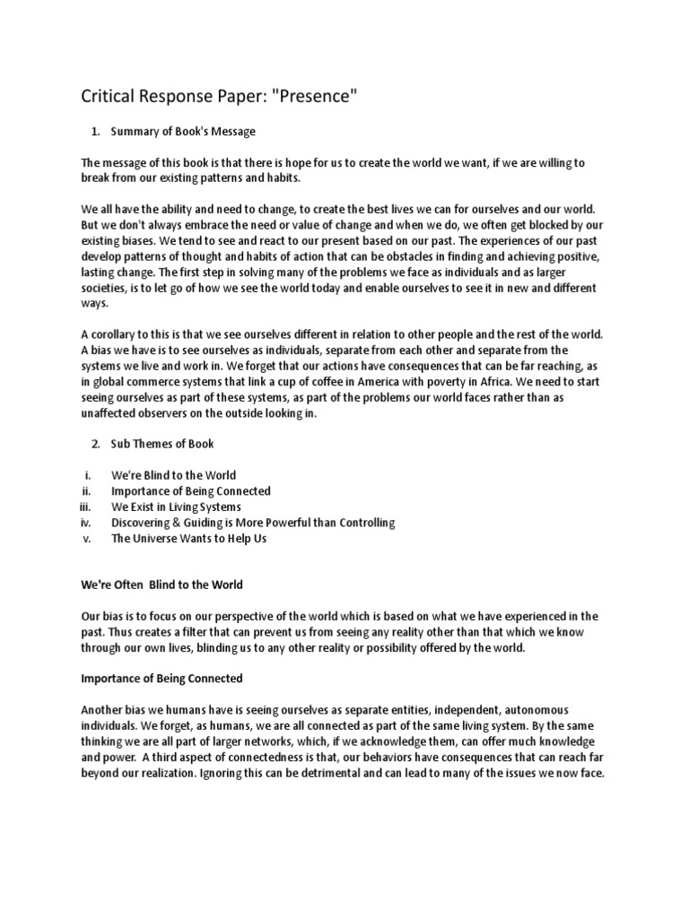 Critical Response Paper: "Presence": We're Often Blind To The World ...