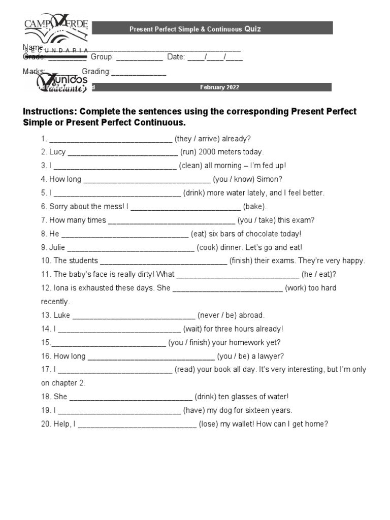 Present Perfect Quiz: Simple vs. Continuous | PDF | Language Arts ...