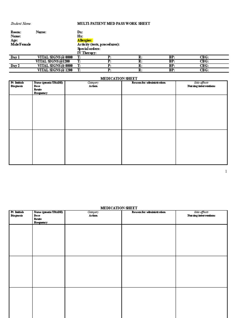 Multi-Patient Med Pass Worksheet | PDF