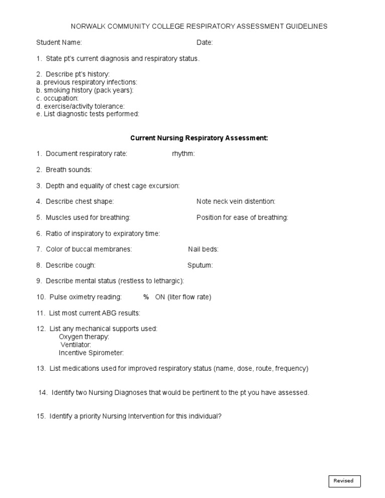 Respiratory Assessment Form Standardized VTE Risk Assessment And