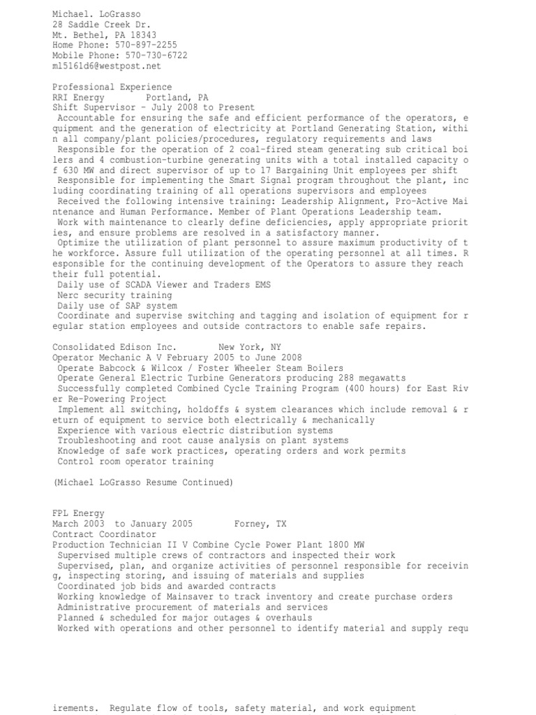 Michael LoGrasso's Power Plant Resume | PDF | Power Station | Internal ...