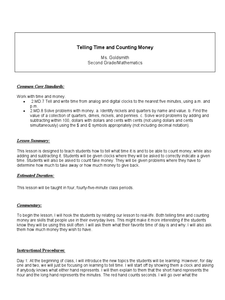 Telling Time and Counting Money: Common Core Standards | PDF
