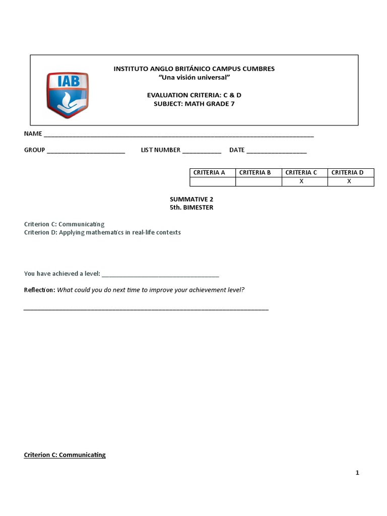 IB Math MYP II Summative Assessment Criteria C & D Cooking Proportions ...