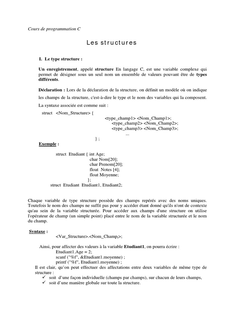 Cours C Structures | Descargar gratis PDF | C (Langage de programmation) | Variable (informatique)