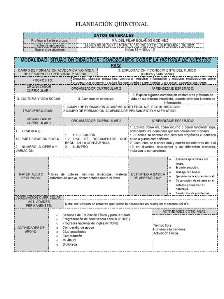 Planeación Quincenal de Historia Escolar | PDF | Aprendizaje | Cognición