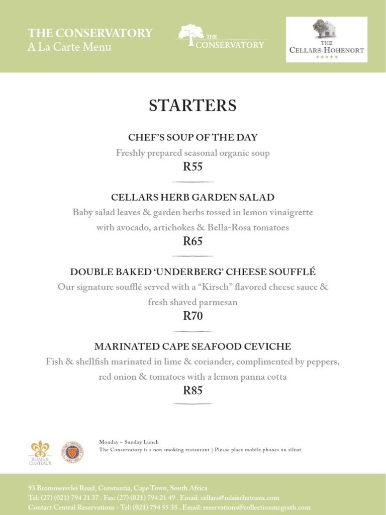 Conservatory Restaurant Menu Overview | PDF | Salad | Roasting