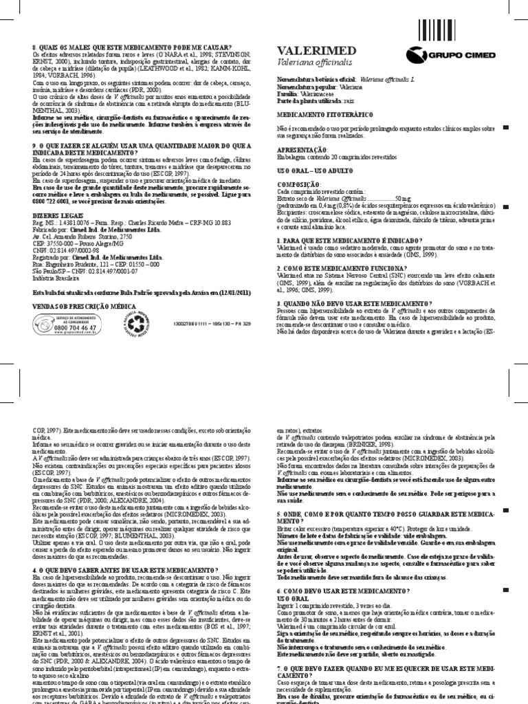 Valerimed 50mg Cimed 20 Comprimidos | PDF | Benzodiazepina | Drogas