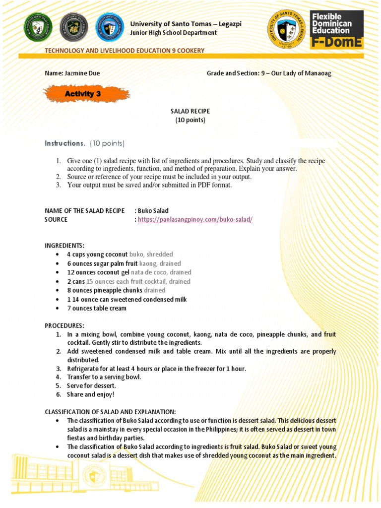 Activity 2 - Classifications of Salads | PDF