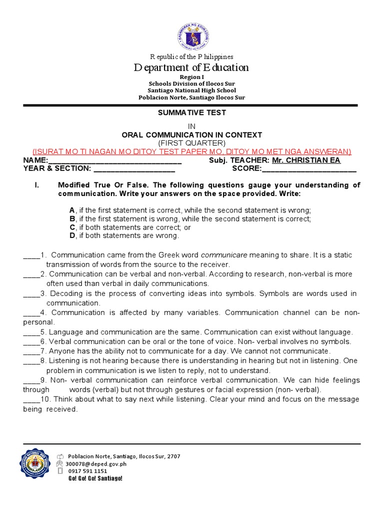 Summative Test in Occ First 2021-2022 | PDF | Communication | Nonverbal ...