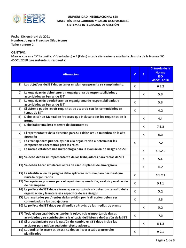 2021 12 04 Taller#2 de Requisitos Iso 45K-1 | PDF | Evaluación ...