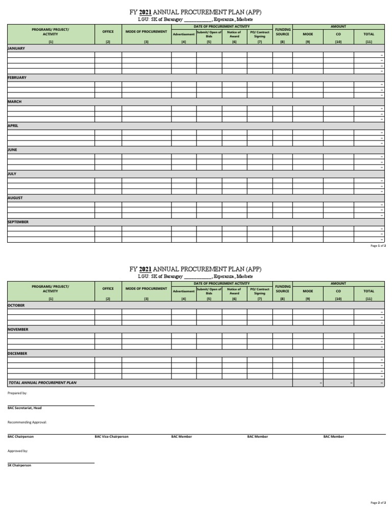 Fy 2021 Annual Procurement Plan (App) : LGU: SK of Barangay ...