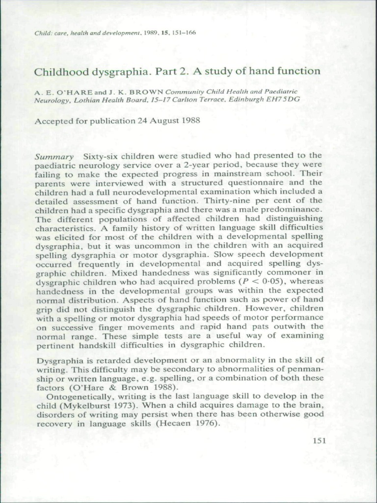 Childhood Dysgraphia: Hand Function Study | PDF | Handedness | Dyslexia