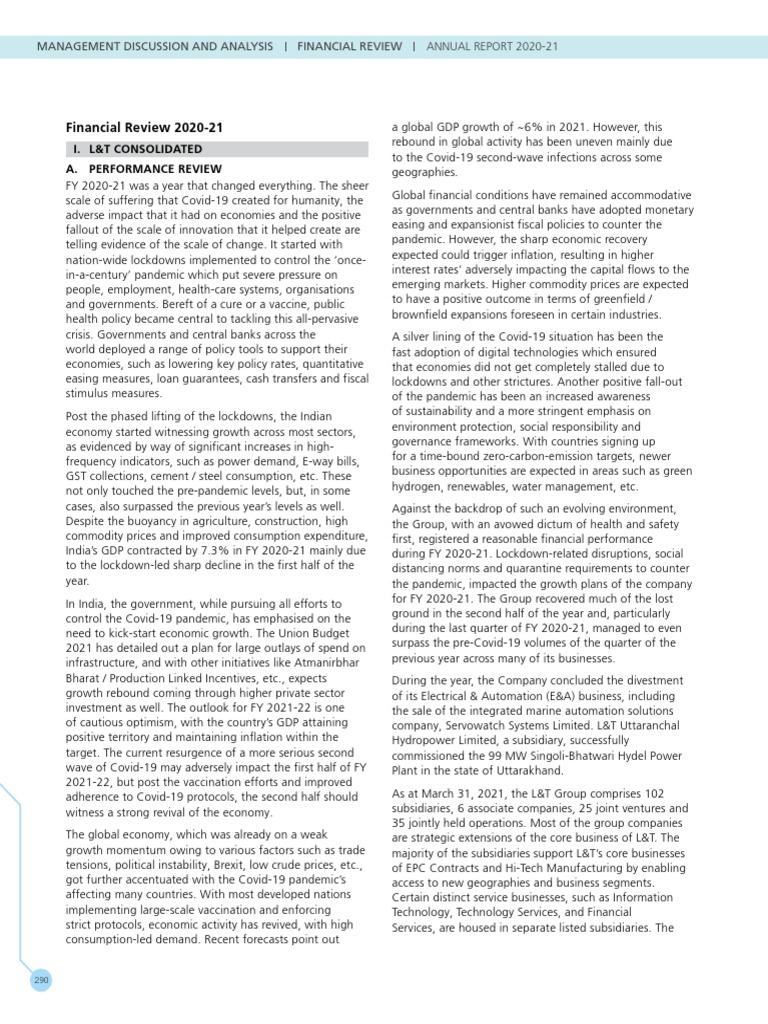 Financial Review - MDA LNT AR20-21 | PDF | Debt | Business