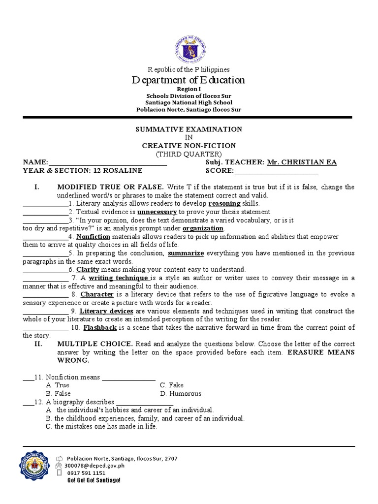 SUMMATIVE EXAMINATION in CNF Third Quarter | PDF | Narration | Cognition