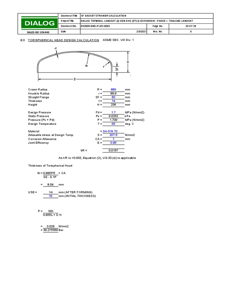8.0 Torispherical Head Design Calculation Asme Sec. Viii Div. 1 | PDF ...
