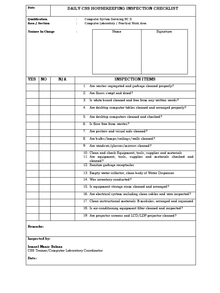 Form 1.1a Css Housekeeping Inspection Checklist | PDF