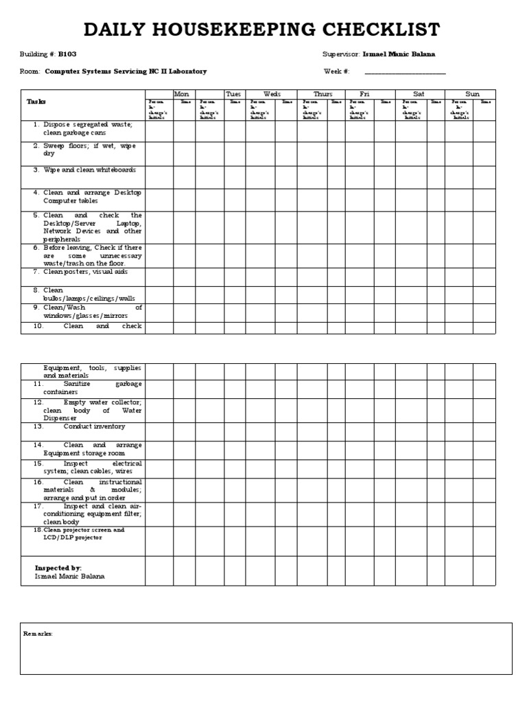 FORM 1.1b DAILY HOUSEKEEPING CHECKLIST SCHEDULE | Download Free PDF ...