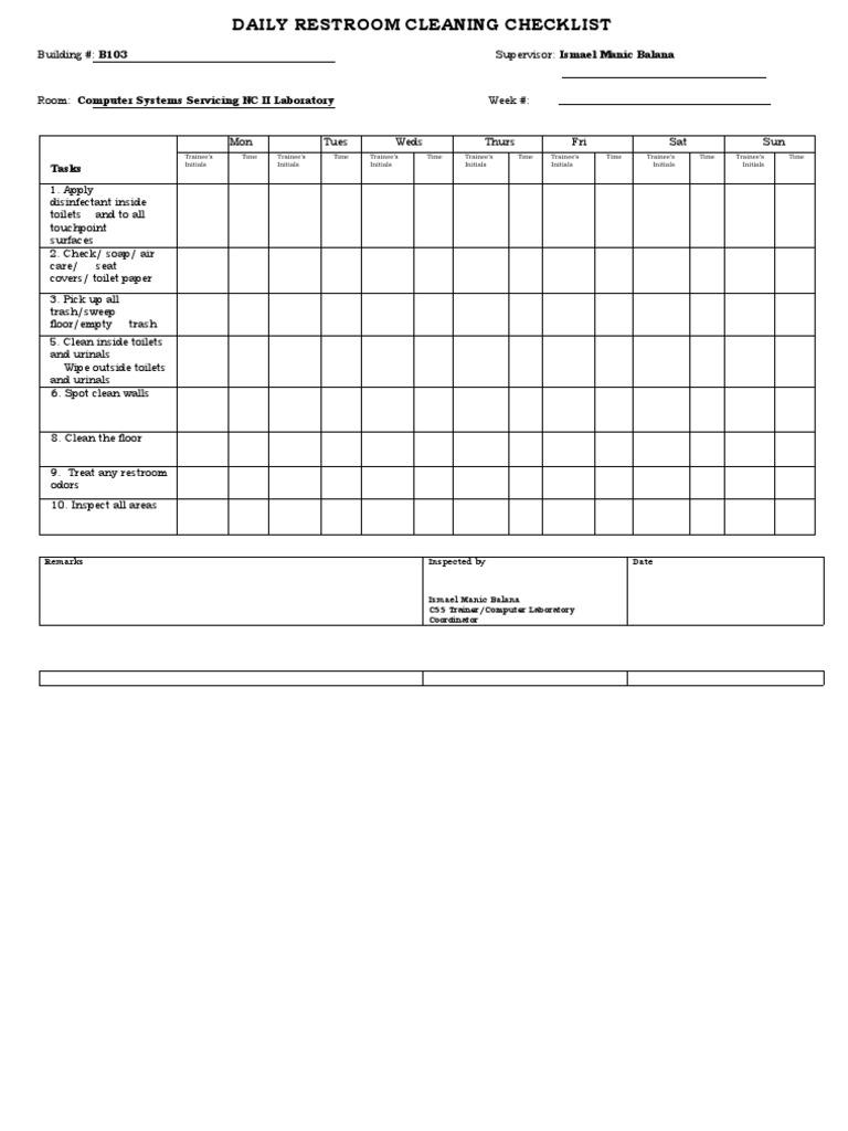Daily Restroom Cleaning Checklist | PDF | Public Toilet | Hygiene