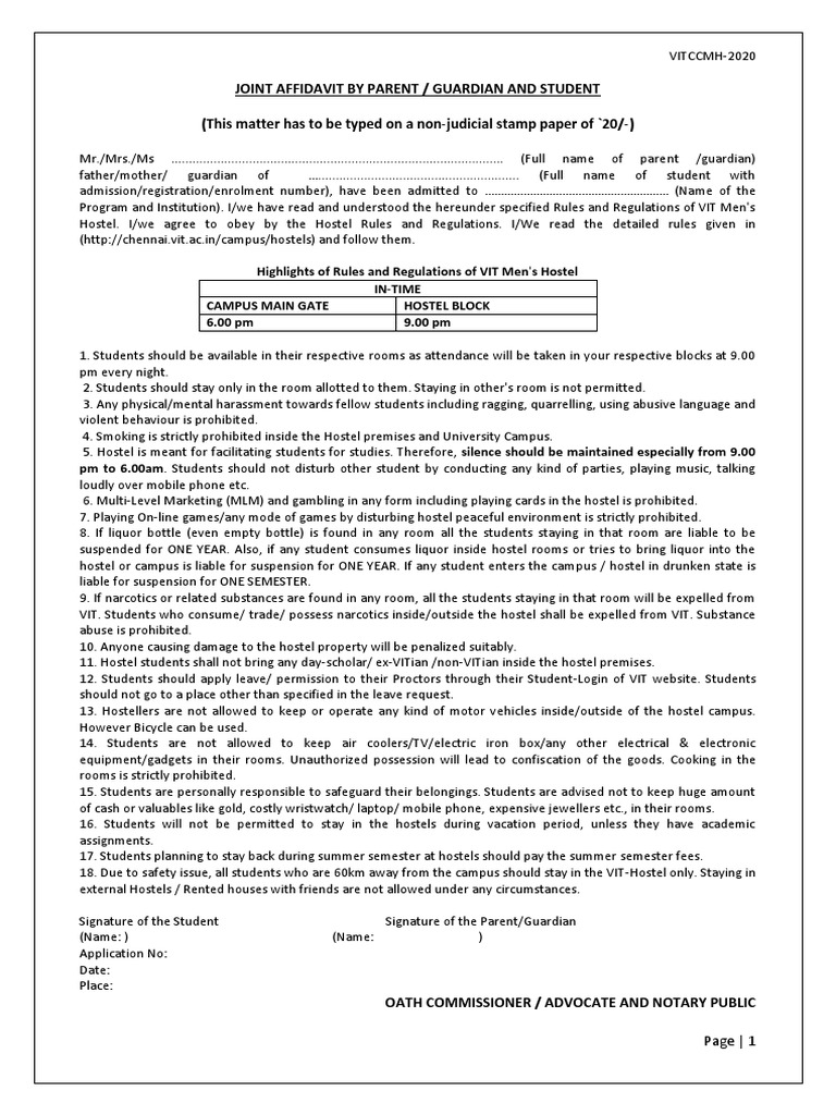 VIT Joint Hostel Affidavit Template | PDF | Justice | Crime & Violence