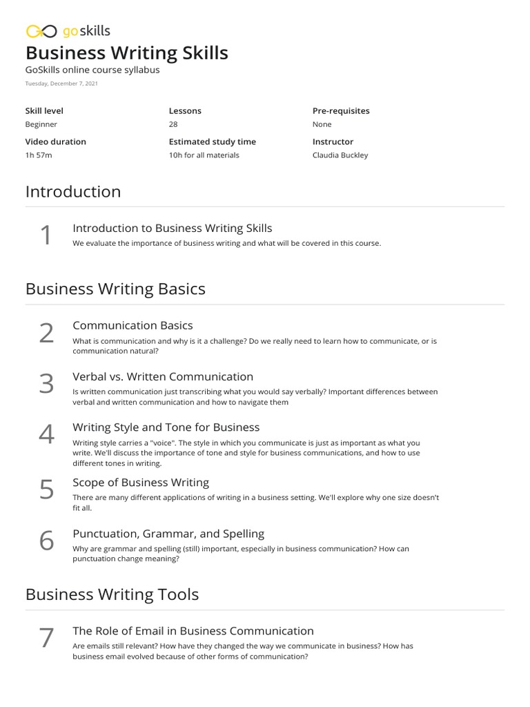 Business Writing Skills - GoSkills Course Syllabus | PDF | Popular ...