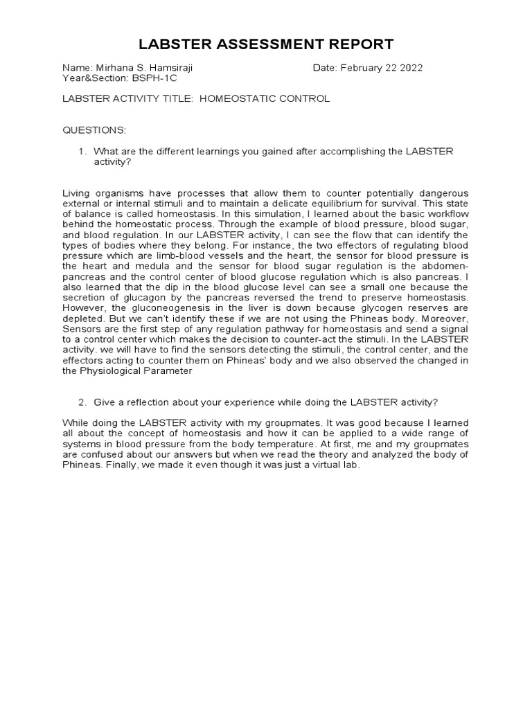 Labster Act. 3 - Homeostatic Control | PDF