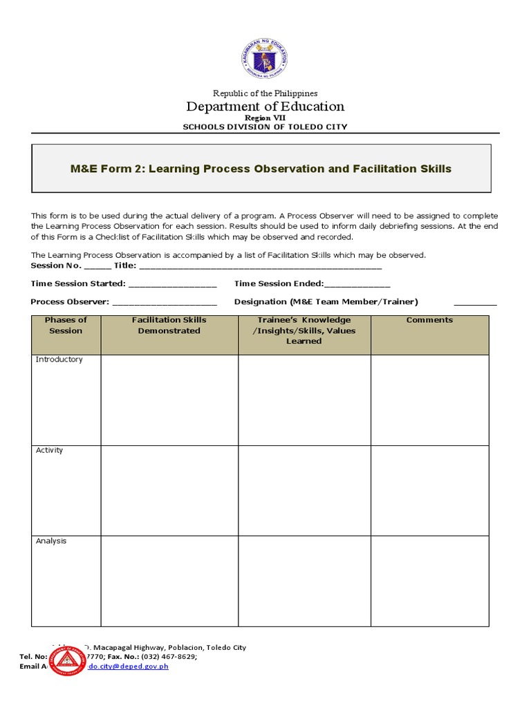 Department of Education: M&E Form 2: Learning Process Observation and ...