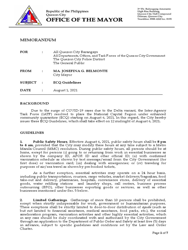 ECQ Guidelines August 2021 | PDF | Employment | Quarantine