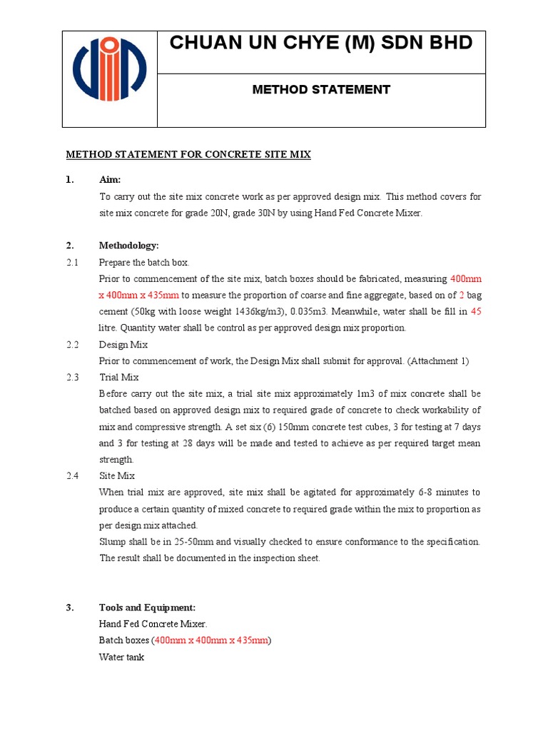 Method Statement-Concrete Site Mix | PDF | Concrete | Wound